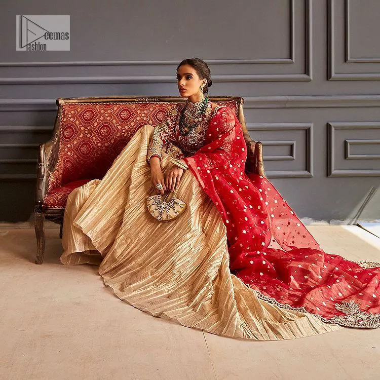 Bright Red Short Frock – Golden Crushed Lehenga Reception